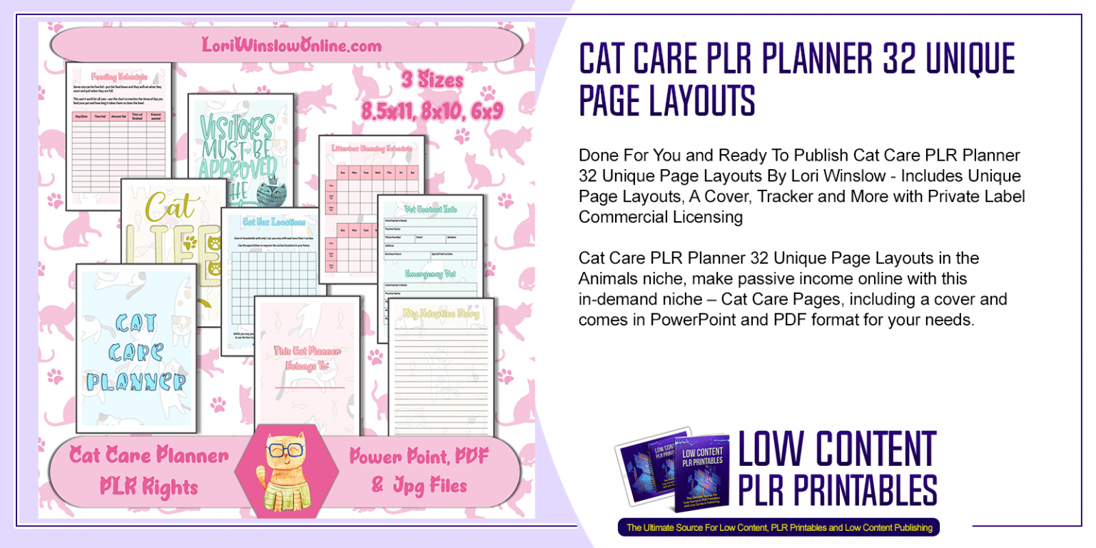 Cat Care PLR Planner 32 Unique Page Layouts | PLR Printable Planner