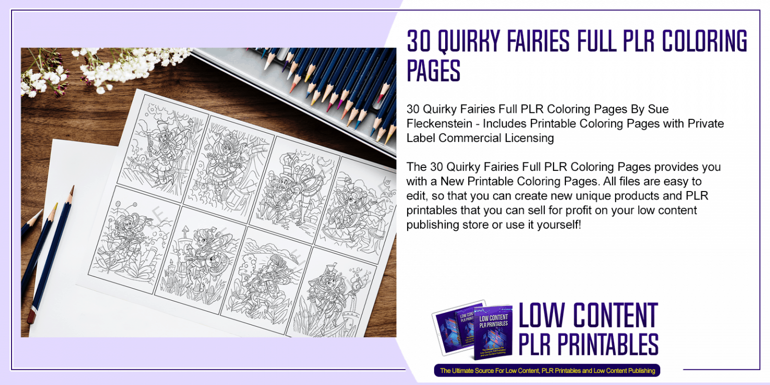 30 Quirky Fairies Full PLR Coloring Pages | PLR Printable Coloring Pages