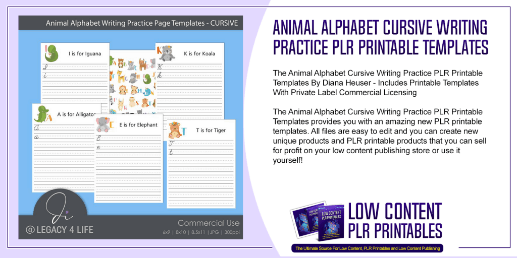 Animal Alphabet Cursive Writing Practice PLR Printable Templates