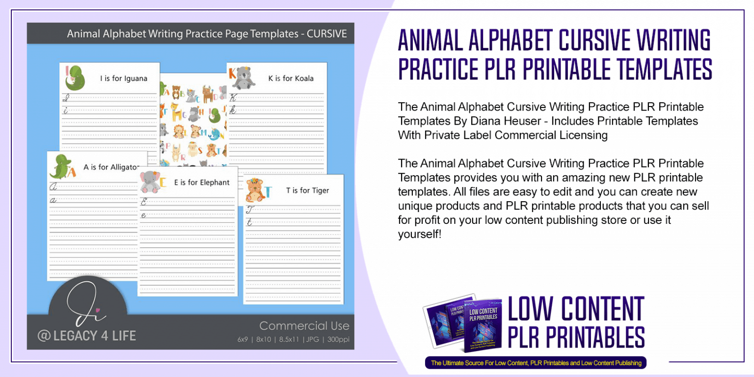 Animal Alphabet Cursive Writing Practice PLR Printable Templates