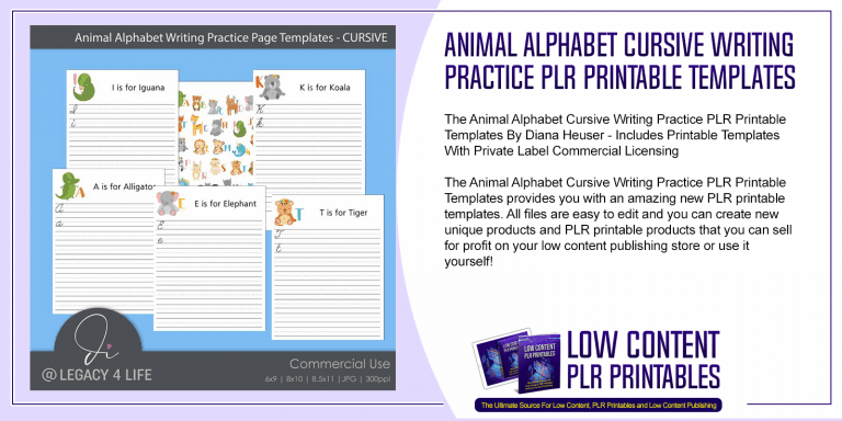 Animal Alphabet Cursive Writing Practice PLR Printable Templates