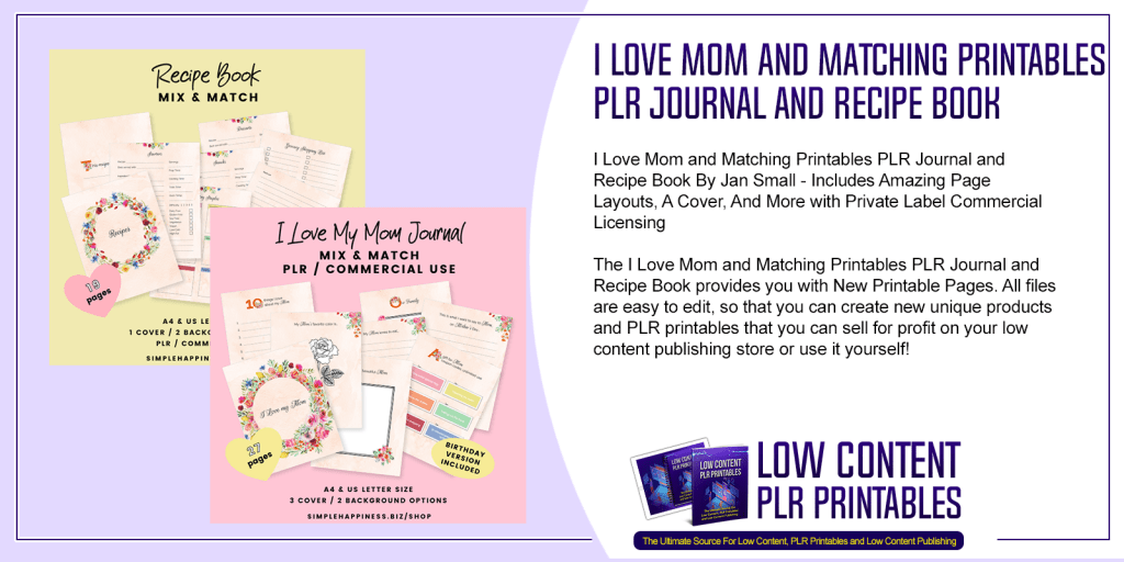 I Love Mom and Matching Printables PLR Journal and Recipe Book