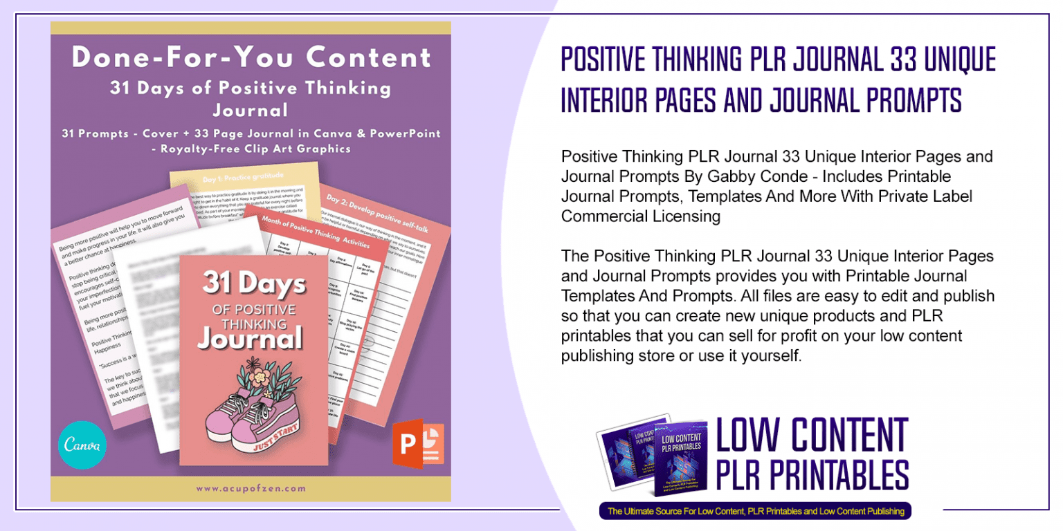 Positive Thinking PLR Journal 33 Unique Interior Pages and Journal Prompts