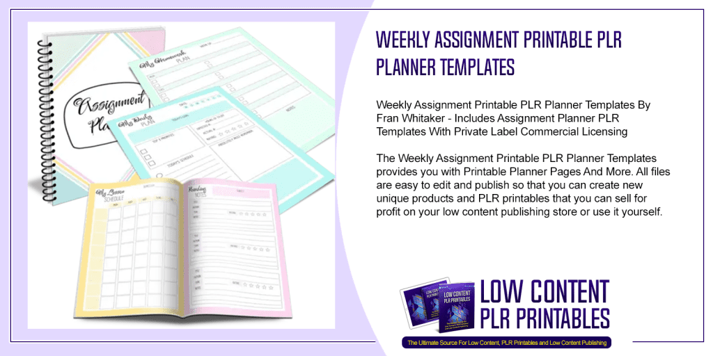 Weekly Assignment Printable PLR Planner Templates | PLR Planner Pages