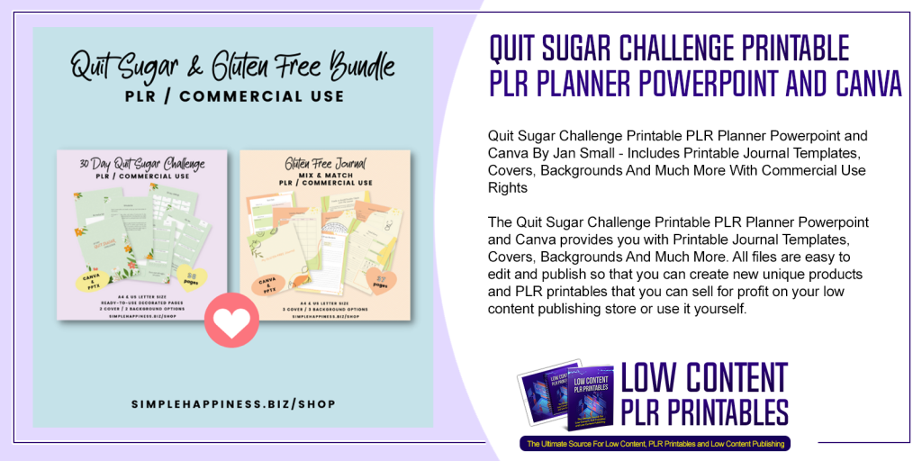 Quit Sugar Challenge Printable PLR Planner Powerpoint and Canva