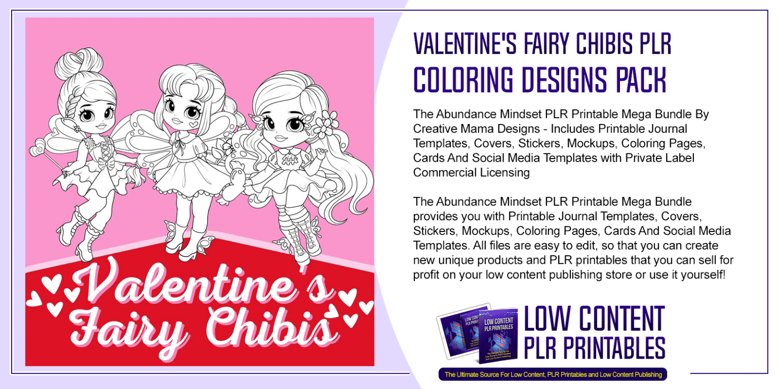 Valentine's Fairy Chibis PLR Coloring Designs Pack | Coloring PLR