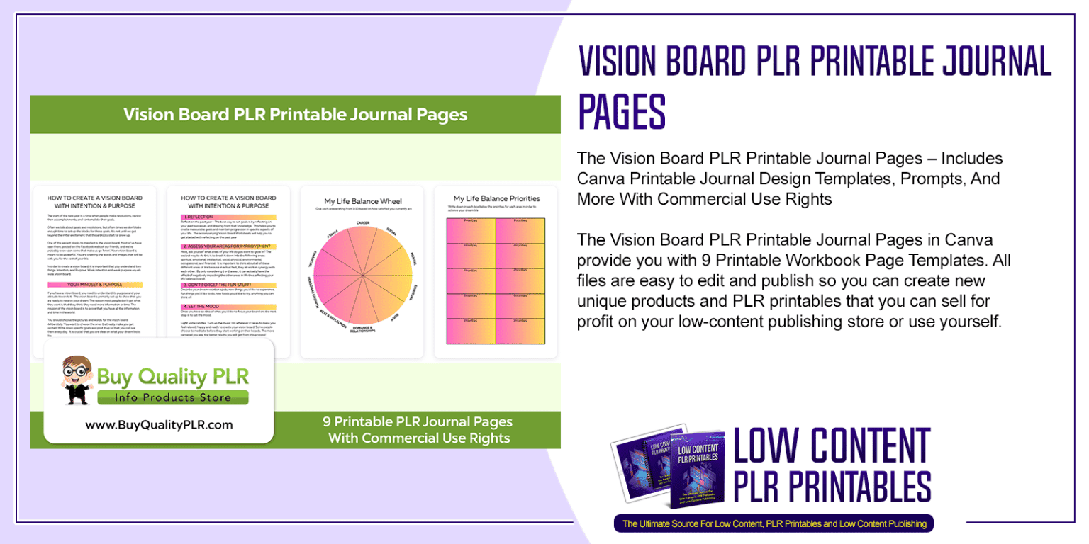 Vision Board PLR Printable Journal Pages | PLR Journal Designs