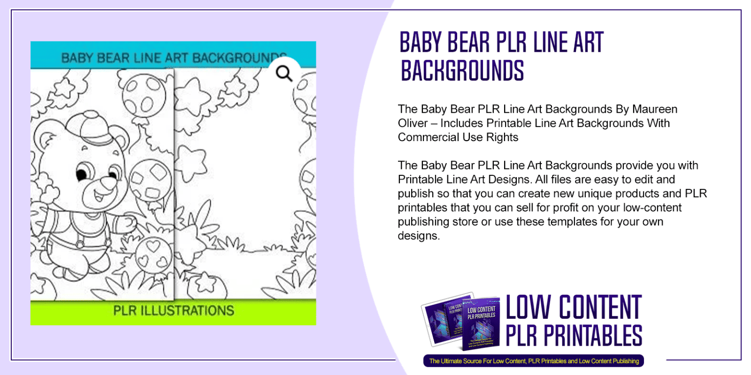 Baby Bear PLR Line Art Backgrounds | Printable Line Art Pages